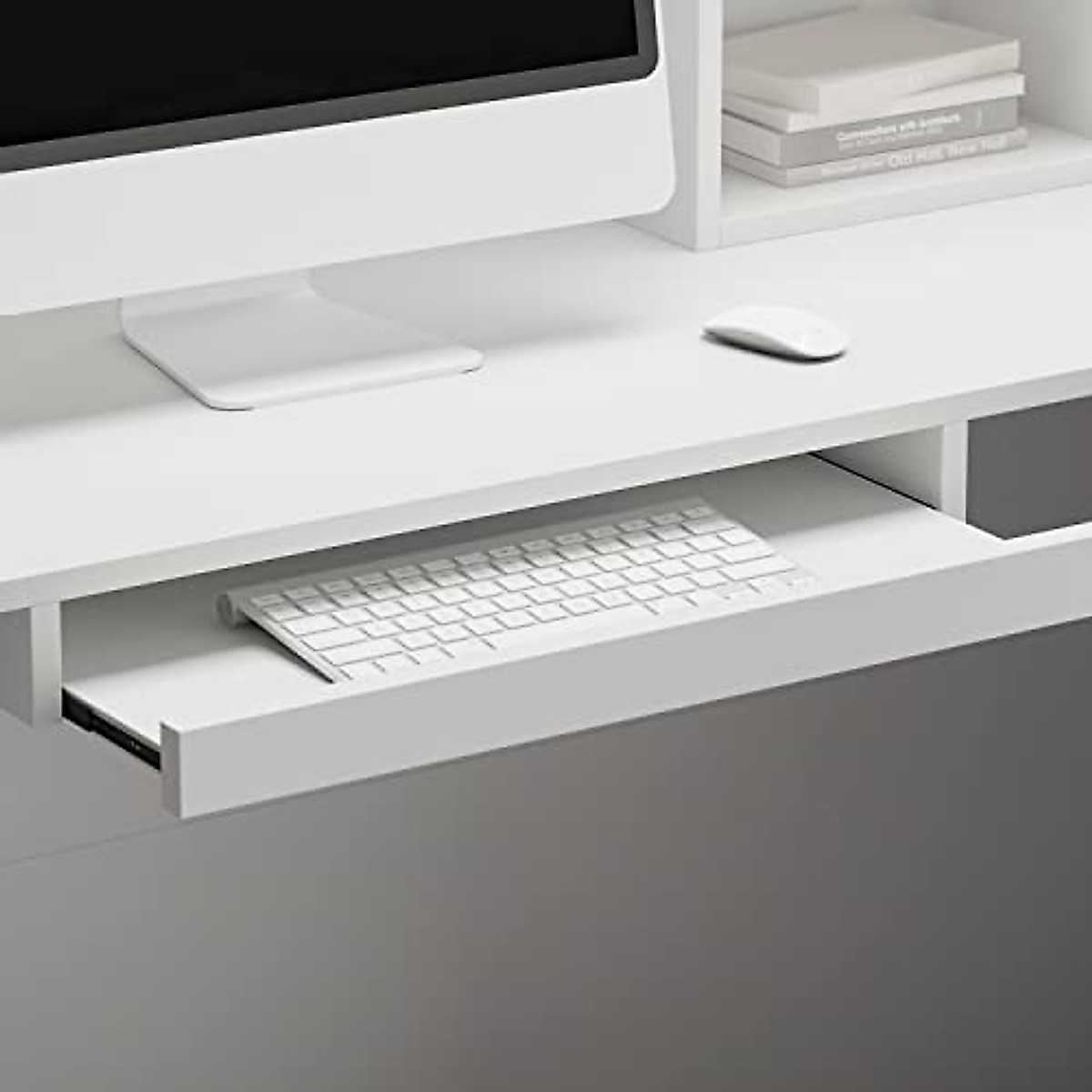 AIEGLE Reception Desk with Counter Drawers & Storage Shelves, L-Shaped Reception Counter Table for Salon Reception Room Checkout Office, White (55.9" L x 32.3" W x 48.4" H)