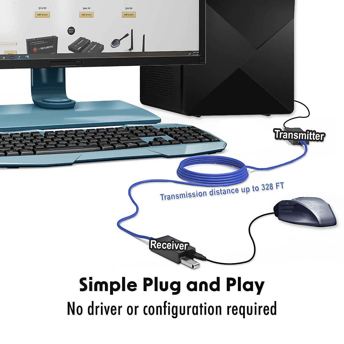 J-Tech Digital USB Over Ethernet Extender USB Balun Over cat5e cat6 99m/328ft PoC, Play and Plug, No Driver Needed, USB2.0 for Game Controller, MAC & PC and USB2.0 Supported Devices [JTECH-BE100]