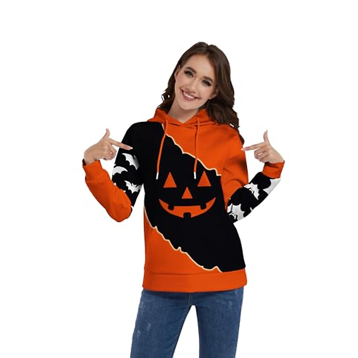 TMSD Women's Halloween Long Sleeve Pumpkin Funny Pullover Hoodie with Pocket Pumpkin Face M