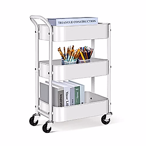 AOODA 3 Tier Under Desk Metal Rolling Cart with Handle and Lockable Wheels, 27'' Height Small Book Cart Mobile Art Cart Rolling Storage Organizer for Office, Bathroom, Kitchen, Nursery (White)