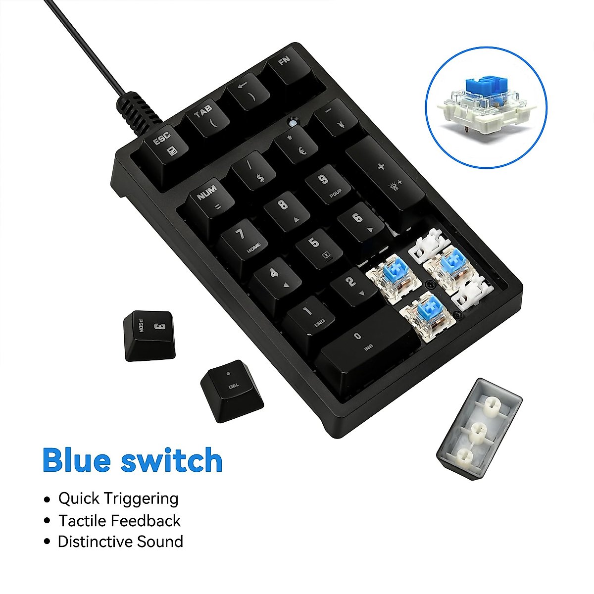 JPHTEK Number Pad, Mechanical USB Wired Numeric Keypad with Blue LED Backlit 21 Key Mini Numpad for Laptop Desktop Computer PC Black