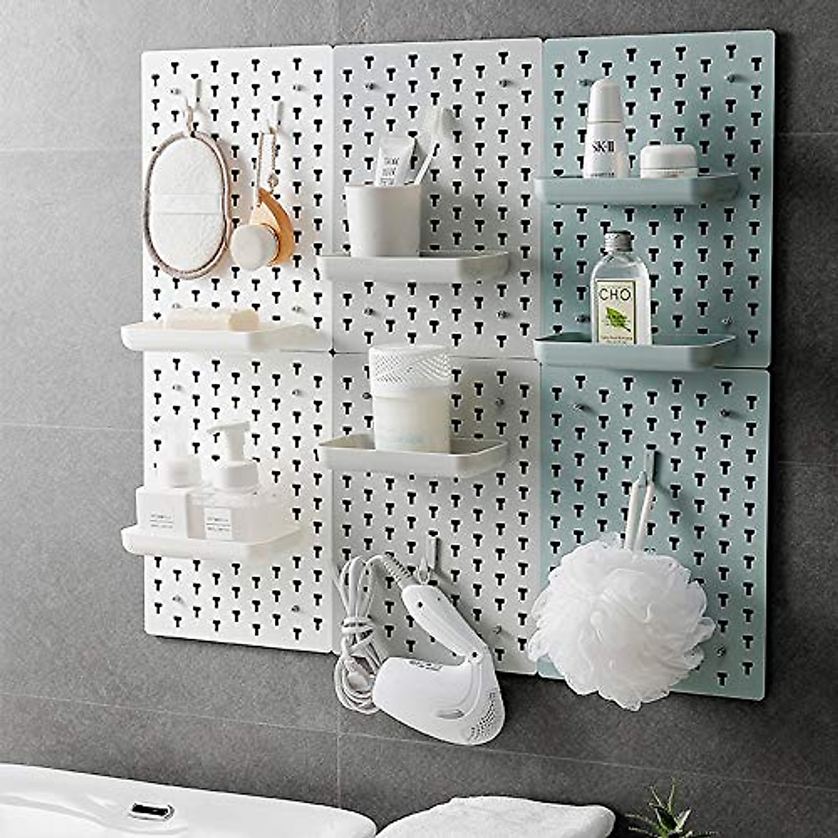iiDesign Decorative Plastic Pegboard, EZ Mount Wall Shelf for Living Room Bathroom Kitchen Office, Wall Decor Storage Organizer (Grey)