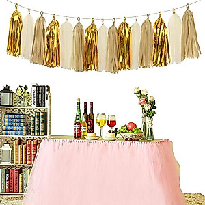 Aonor Shiny Tassel Garland Tissue Paper Tassels Banner Decoration for Birthday Party, Bridal Shower, Table Decor, Metallic Gold+Tan+Ivory, 15 pcs