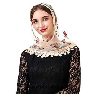 PAMOR Triangle Little Flower Chapel Veils Embroidered Scarf Shawl Latin Mass Head Covering Mantilla Veil for Church (Champagne Rose)