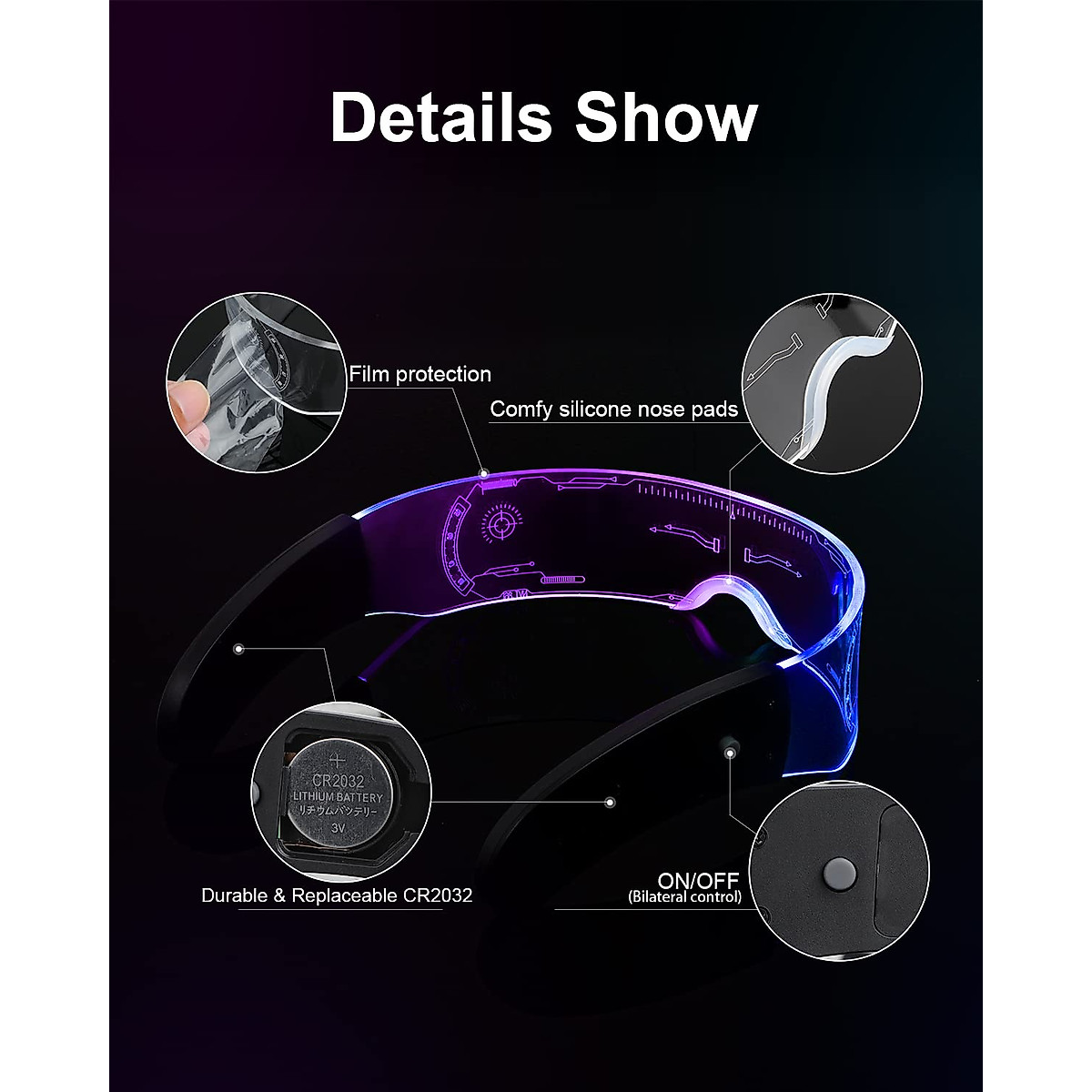 JIMIMORO LED Visor Light Up Glasses - 7 Color & 4 Modes Cyberpunk Futuristic Luminous Cosplay Glasses for Kid Adult