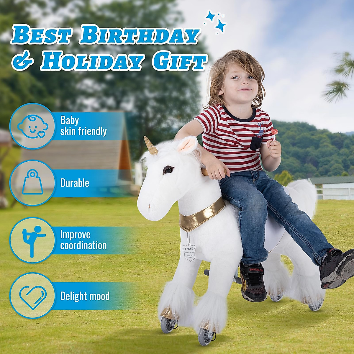 UFREE Riding Unicorn, Unicorn Ride on Toy Riding Unicorn Plush Animal, Golden Unicorn for Kids Ages 3-6