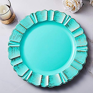 BalsaCircle Charger Plates 6 pcs 13-Inch Turquoise Gold Round Scalloped Trim Plastic Charger Plates Wedding Reception Event Decorations Supplies