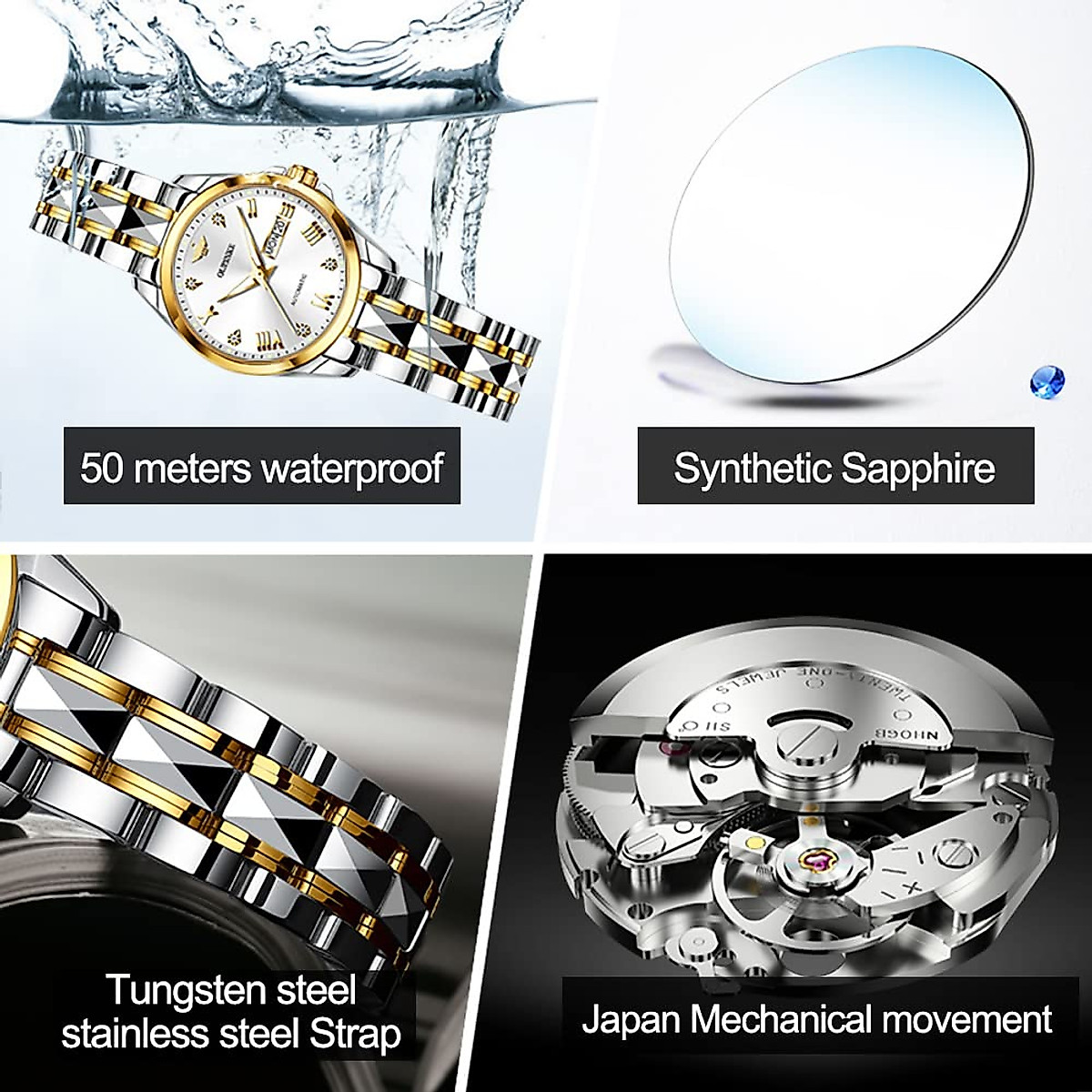 OUPINKE Automatic Womens Watches Self Winding Mechanical Luxury Dress Diamond Dial Tungsten Steel Wrist Watches for Women Date Waterproof Luminous