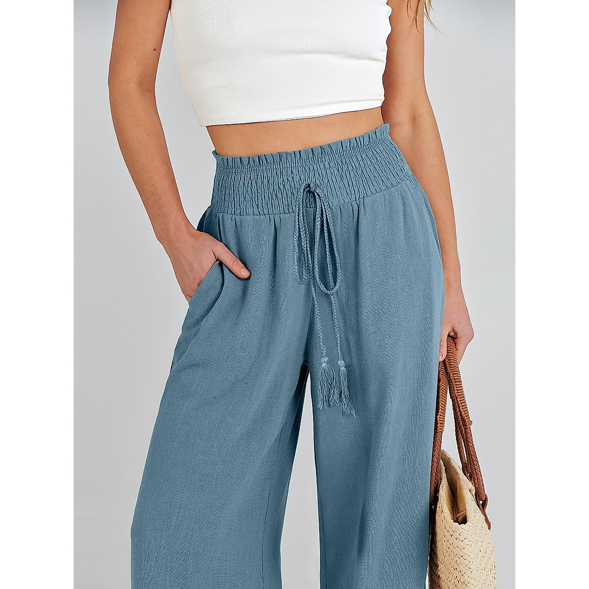 ANRABESS Women's Linen Pants Summer Casual Palazzo Beach Pant Drawstring High Waist Wide Leg Trousers Vacation Outfits Small Lake Blue