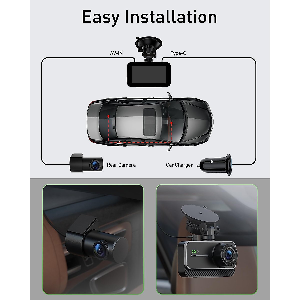 Dash Cam Front and Rear,4K+1080P WiFi Dual Dash Camera for Cars with App, 3" IPS Dashboard Camera Recorder,Night Vision,24H/7 Parking Mode, Loop Recording,170° Wide Angle,Free 64GB SD Card