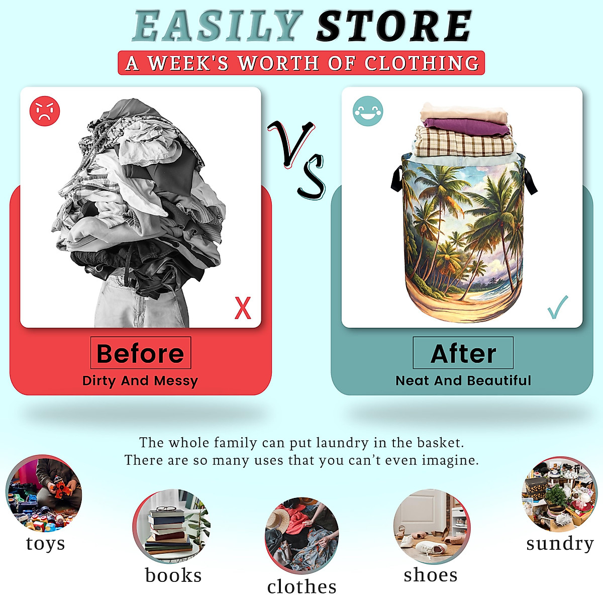 Retro Hawaii Palm Tree Laundry Basket Summer Beach Foldable Funny Laundry Hamper Oxford Cloth Tote Bag Clothes Storage Bucket Toy Organizer 18.9"x16.5" For Bathroom/Laundry Storage/Bedroom