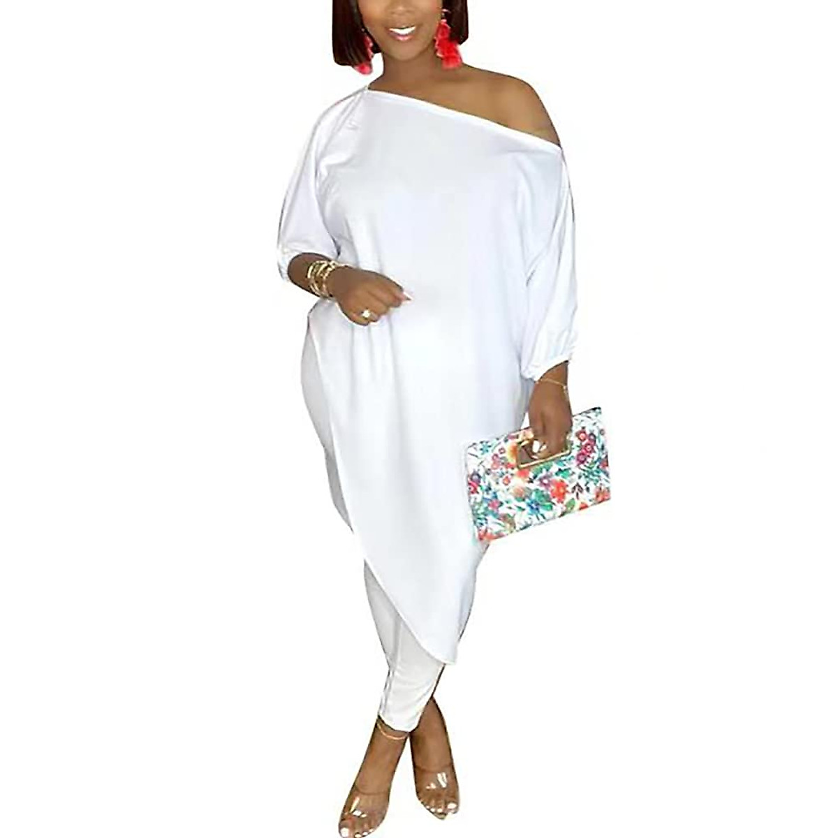 WOKANSE Women's Casual Off One Shoulder 2 Piece Jogger Sweatsuit Tracksuit Sets Loose Irregular Pullover Tops Long Pants White 2XL