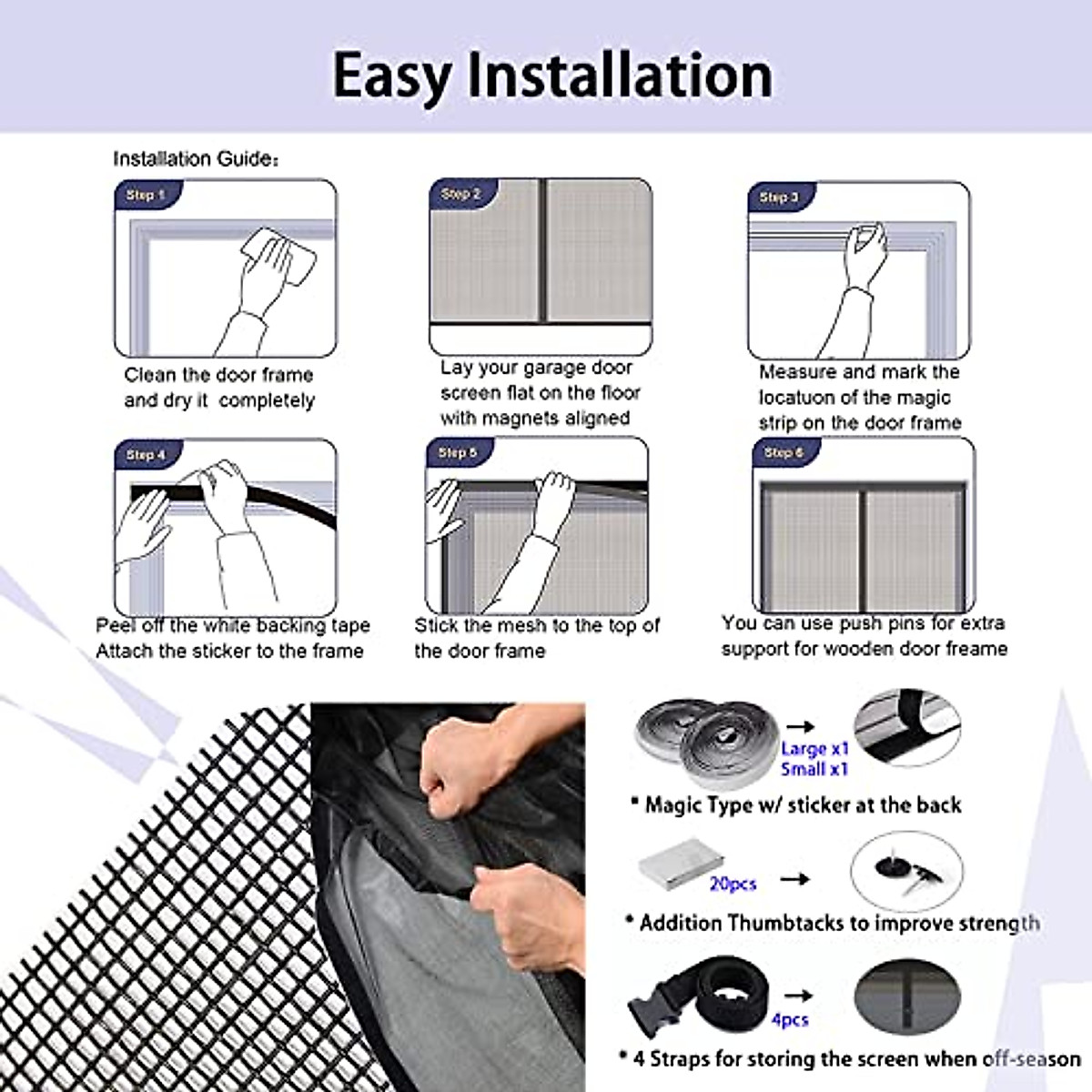 LydeLog Both-Way Magnetic Garage Door Screen, Glass Fiber Screen Cloth Magnetic Type Gravity Automatic Closing Screen, Hands Free Magnetic House Screen with Whole Framework Magic Tape (16 x 7 FT)