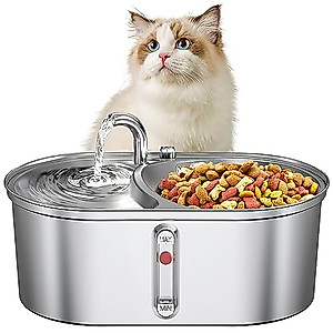 Cat Water Fountain and Food Bowl, 101oz/3L Automatic Stainless Steel Pet Water Fountain for Cats Inside, Ultra Quiet Cat Fountain Water Bowl, Pet Dog Water Dispenser with Water Level Window