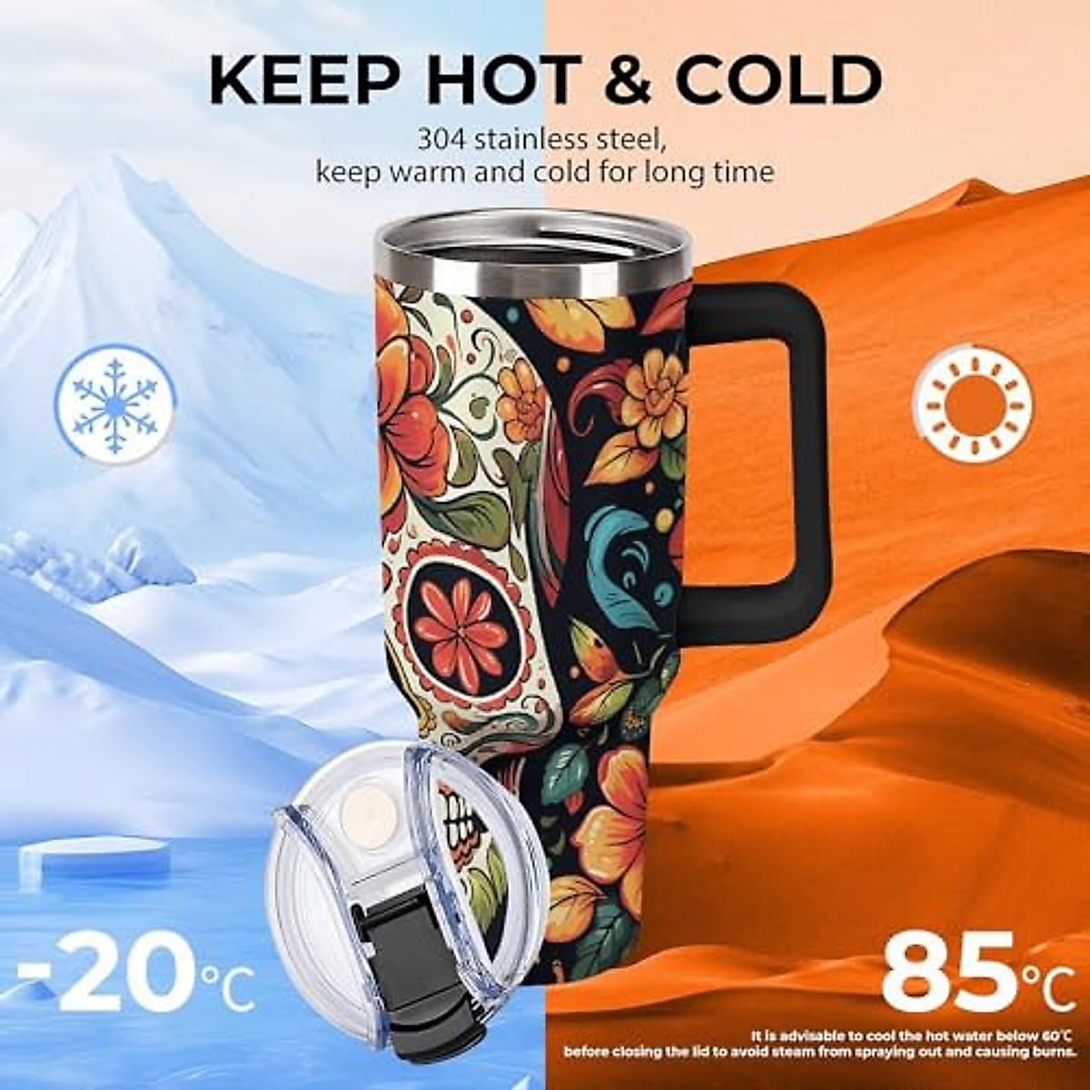 HJUQNGF 40 Oz Personalized Tumbler with Handle And Straw Colorful Sugar Skull Stainless Steel Insulated Tumblers Reusable Car Thermal Cup Travel Coffee Mug for Women Men