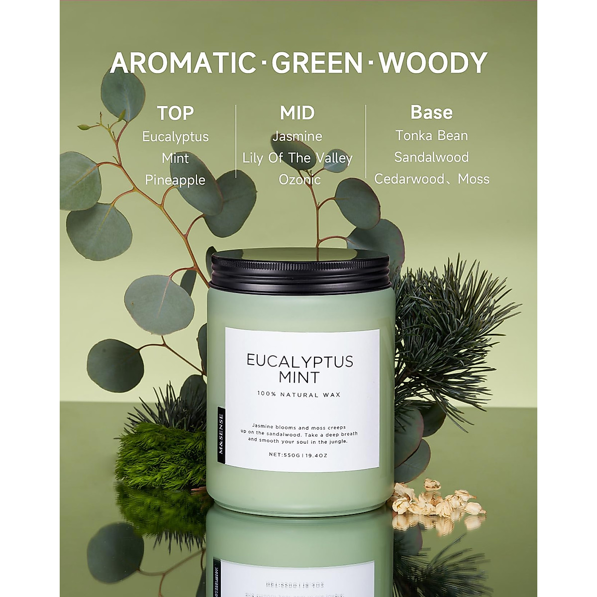 M&SENSE Eucalyptus & Mint Candles for Home Scented, 19.4oz 110 Hours Burn Soy Aromatherapy Candle Gift for Stress Relief, Meditation, Yoga, Relaxing SPA, Natural Jar Candles for Men and Women