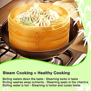 Mister Kitchenware 10 Inch Handmade Bamboo Steamer, 2 Tier Baskets, Healthy Cooking for Vegetables, Dim Sum Dumplings, Buns, Chicken Fish & Meat Included Chopsticks, 10 Liners & Sauce Dish