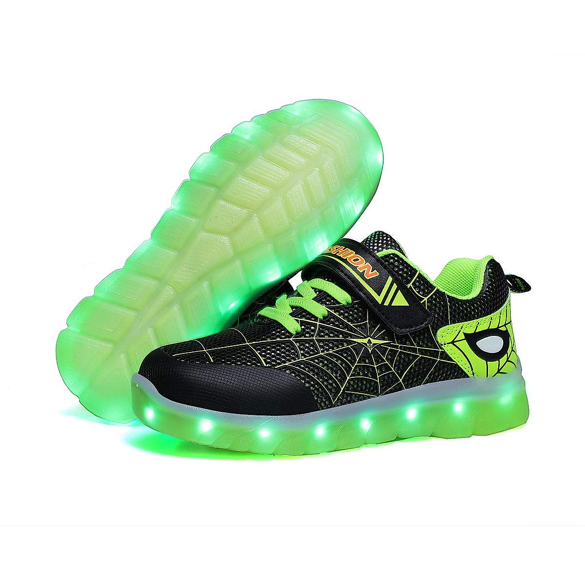 YUNICUS Boys Shoes, LED Light Up Shoes Kids Girls Boys Breathable Flashing Sneakers (Toddler 10M, Black/Green)
