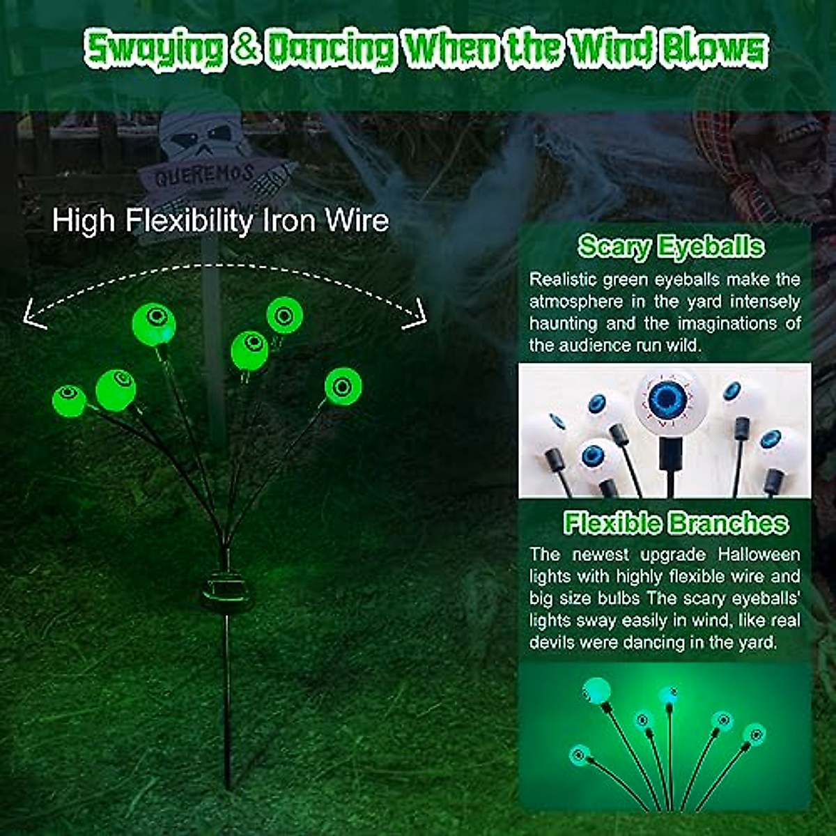 Halloween Decorations Outdoor - 2Pack 12LED Scary Solar Lights, Green Eyeball Firefly Lights, Swaying Waterproof Decor for Garden, Patio, Yard, Pathway
