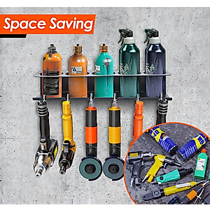 Nisorpa 2 Pack Pneumatic Tool Holder and Aerosol Rack Combo, Wall Mounted Metal Spray Can Bottle Holder Air Tool Organizer Rack for Garages, Workspace and Home, 5 Cans and 6 Slots