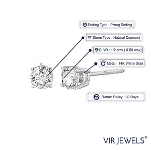 Vir Jewels 1/2 cttw Diamond Stud Earrings 14K White Gold Round 4 Prong with Screw Back