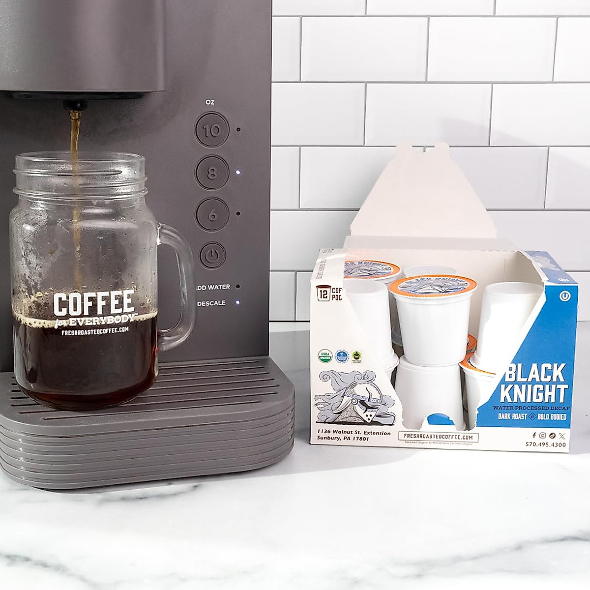 Fresh Roasted Coffee, Fair Trade Organic Black Knight Water-Processed Decaf, Dark Roast, Kosher | 72 Pods for K Cup Brewers