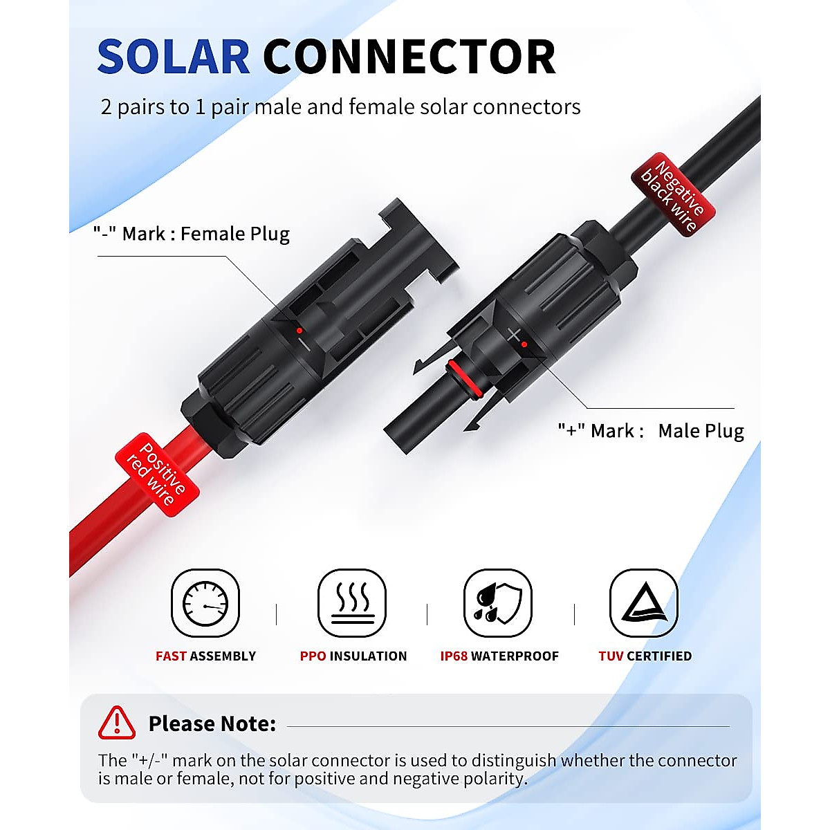 ELECTOP Solar Panel Connector Extension Cable 3.5Ft, 2-in-1 Solar Y Branch Connectors Parallel Adapter Cable, Solar Panel Wire Splitter Male/Female Plug Tool Kit for Solar Panels Solar Generator RV
