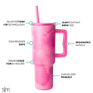 Simple Modern 40 oz Tumbler with Handle and Straw Lid | Insulated Reusable Stainless Steel Water Bottle Travel Mug Cupholder Friendly | Gifts for Women Men | Trek Collection | Pink Whimsical Tie Dye