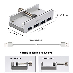 USB Hub 3.0 - Rekidm 4 Port Aluminum Desk USB Hub 3.0 Clamp Design for Desktop, Computer, PC, Table Edge with Durable Adjustable Clip, Space-saving Mountable USB Hub Fast Speed Transfer