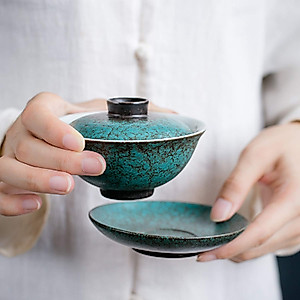 DehuaYao Chinese Traditional Green Porcelain Gaiwan ceramic Tea Cup（Tea Cup Comprised of Cup, Saucer and Lid ）