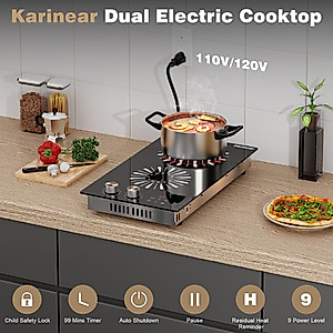 Karinear 110V Electric Cooktop 2 Burners, 12 Inch Electric Stove with Plug in, Countertop & Built-in Ceramic Stove Top, Knob and Sensor Touch Control, Multifunctional Radiant Stove