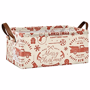 Exnundod Collapsible Storage Bin Merry Christmas Organizer Storage Shelf Basket Happy New Year Storage Boxes with Handles for Closet Blanket Toys Home Dorm Office