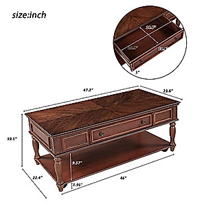 AOCOROE Large Wood Coffee Table with Lockable Casters French Country Style Coffee Table with Drawers. 47 Inch Center Table for Living Room