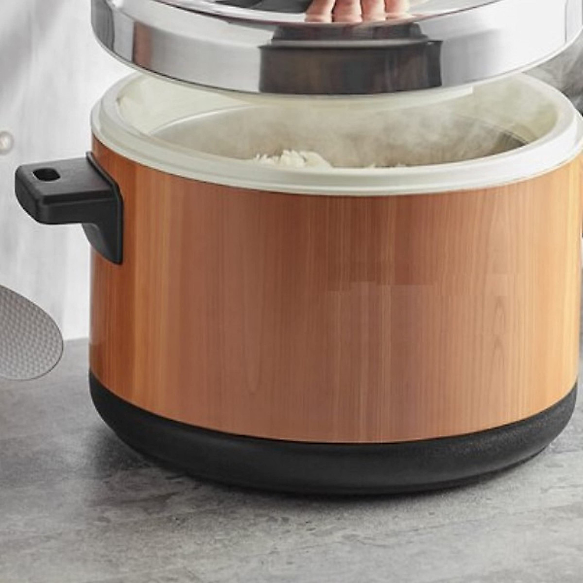 TrueCraftware- 40 Cups Insulated Sushi Rice Pot, Wood Grain Exterior, Stainless Steel Interior & Lid with Plastic Handle, Sushi Rice Mixing Tub