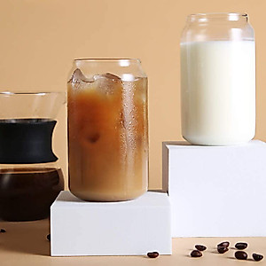 16 oz Glass Cups With Bamboo Lids And Glass Straw And Brush to clean -Beer Can Shaped Drinking Glasses, Iced Coffee Glasses, Cute Tumbler Cup for Smoothie, Boba Tea, Whiskey, Water