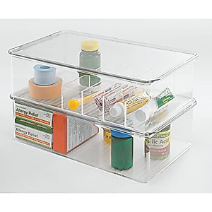 mDesign Plastic Bathroom Storage Organizer Box w/Hinge Lid for Closet Shelves, Cupboards, Holds Medicine, First Aid, Lotion, Cotton Swabs, Masks, and Styling Tools, Ligne Collection, 2 Pack, Clear