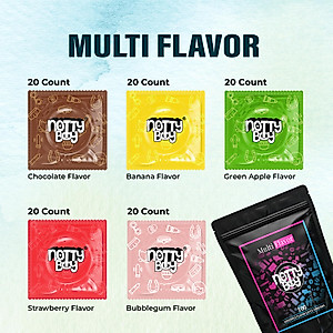 NottyBoy Wholesale Pack of 100 Condoms - Assortment of Mixed Delicious Fruit Flavored Condoms for Men | (Bubblegum | Green Apple | Chocolate | Tempting Strawberry and Banana) Safe for Oral Use