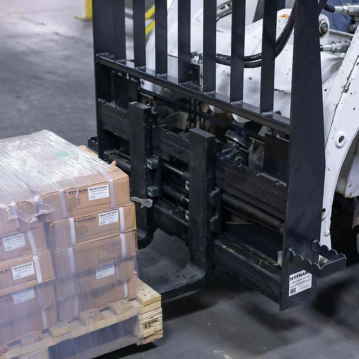 Titan Attachments Standard Series Adjustable Hydraulic Sliding Skid Steer Pallet Fork Frame, 4,000 LB Capacity, Adjusts 8in to 40in Hydraulically, Side Steps for Easy Entry, Quick Tach Mounting System