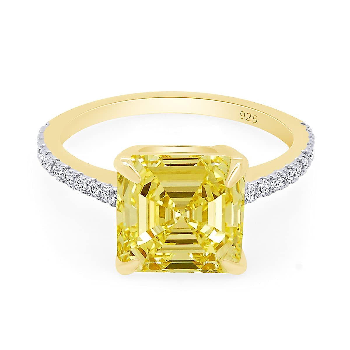 Jewel Zone US Asscher Cut Canary Yellow White Cubic Zirconia Ring in 14k Yellow Gold Over Sterling Silver