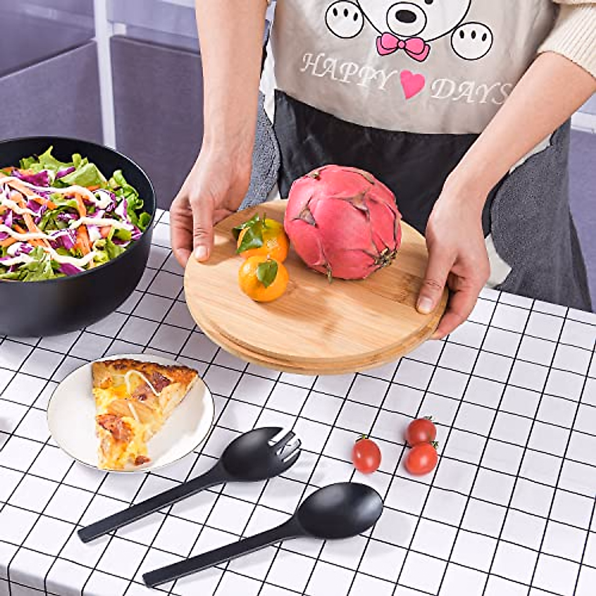 LOVYANXUE Bamboo Fiber Salad Bowl with Servers Set Large 9.8inches Nature Bamboo Mixing Bowl with Servers with Lid Spoon and Fork for Fruits ,Salads and Vegetables (Black, 10inch)