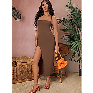 Verdusa Women's Lace Up Backless Strappy Sleeveless Split Long Cami Dress Coffee Brown S