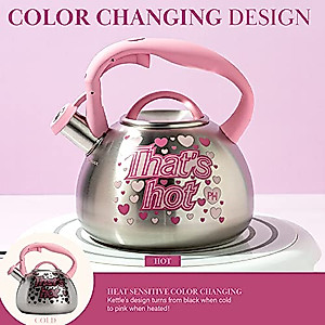 Paris Hilton Whistling Stovetop Tea Kettle, Stainless Steel with Color Changing Heat Indicator Design, Soft Touch Handle, 2.5-Quart, Pink