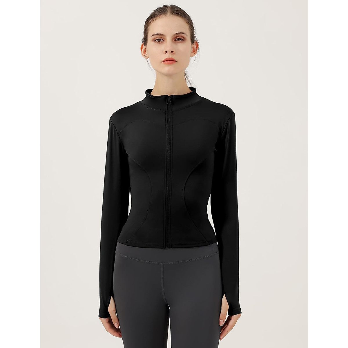 Locachy Women's Lightweight Stretchy Workout Full Zip Running Track Jacket with Thumb Holes Black S