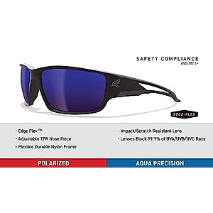 EDGE TSKAP218 Kazbek Polarized Wrap-Around Safety Glasses, Anti-Scratch, Non-Slip, UV 400, Military Grade, ANSI/ISEA & MCEPS Compliant, 5.04" Wide (Black Frame/Aqua Precision Blue Mirror Lens)