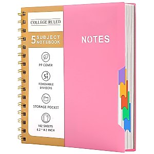 CAGIE 5 Subject Notebook College Ruled with Removable Tabs, Lined Spiral Journals Notebook for Women Men Writing, Notebooks for Work Note Taking School Supplies, A5 - Pink