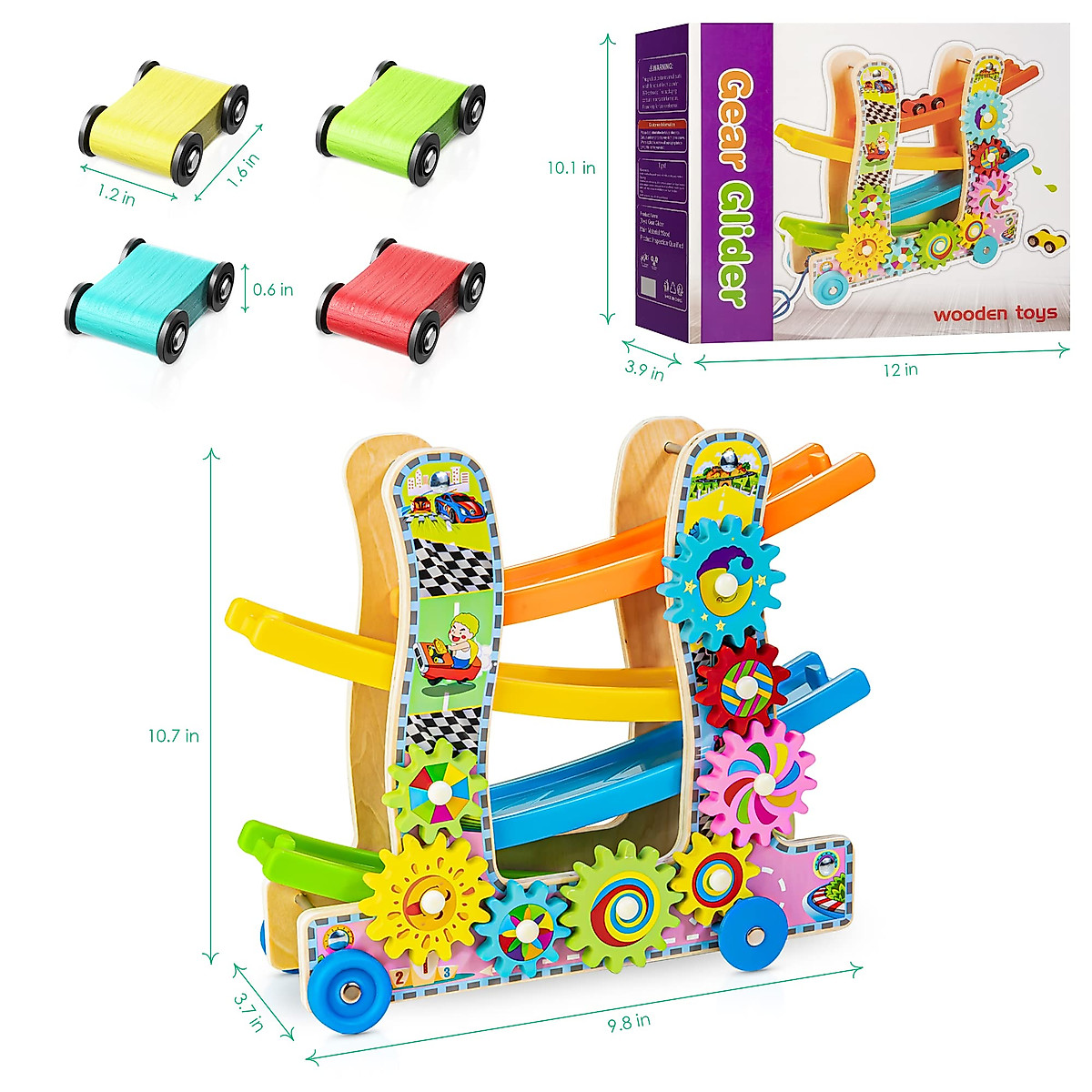 Wooden Race Track for Toddlers, 3 in 1 Wooden Car Ramp with 4 Mini Racer Cars and 8 Turnable Gears. Educational Montessori Toys for 2 3 4 5 Year Old Boys Girls