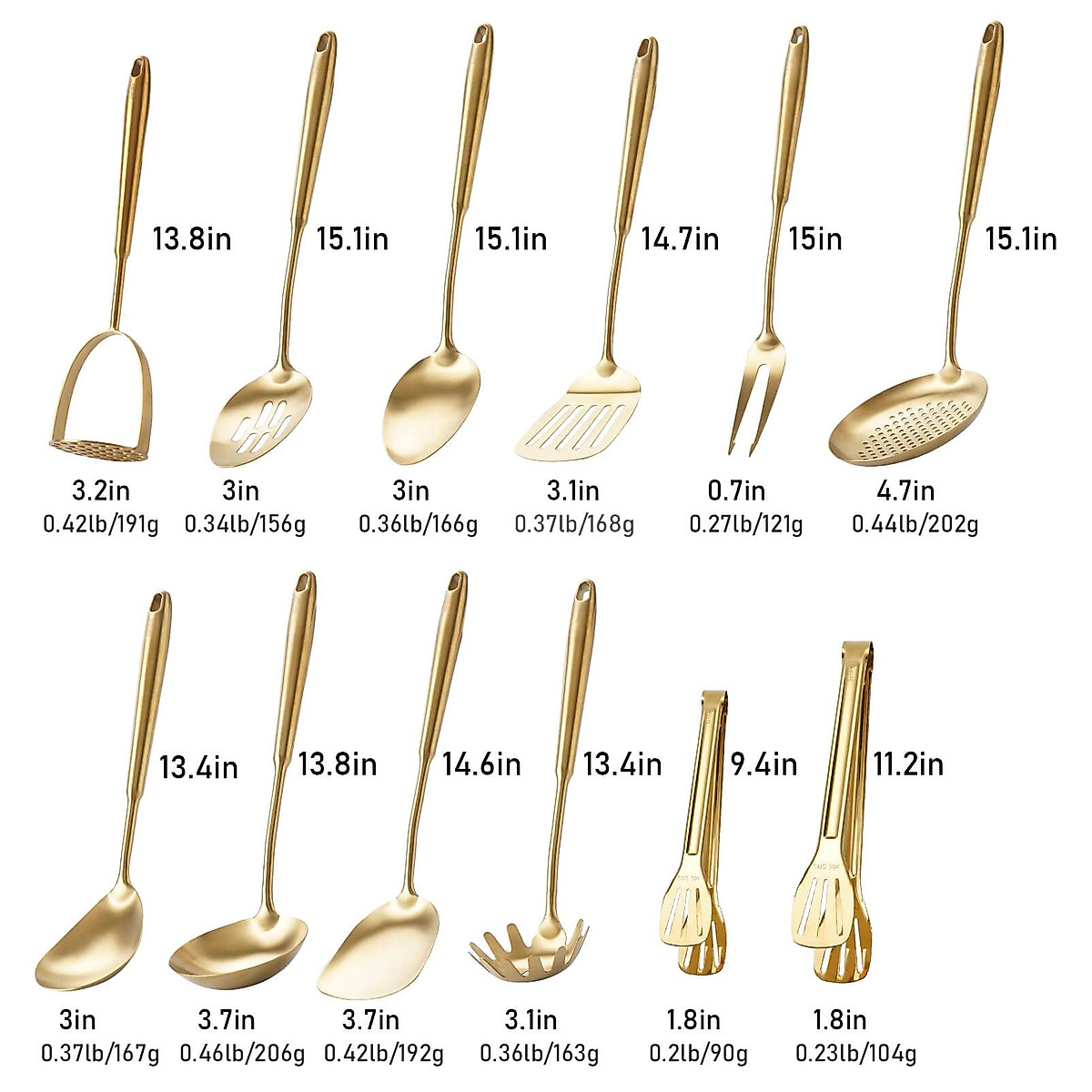 Gold Kitchen Utensils Set, 12 PCS Brass Matte Serving Utensils Set, 304 Stainless Steel All Metal Cooking Utensil - Potato Masher, Tongs, Spatula, Meat Fork, Ladle, Skimmer Spoon, Spaghetti Spoon Set