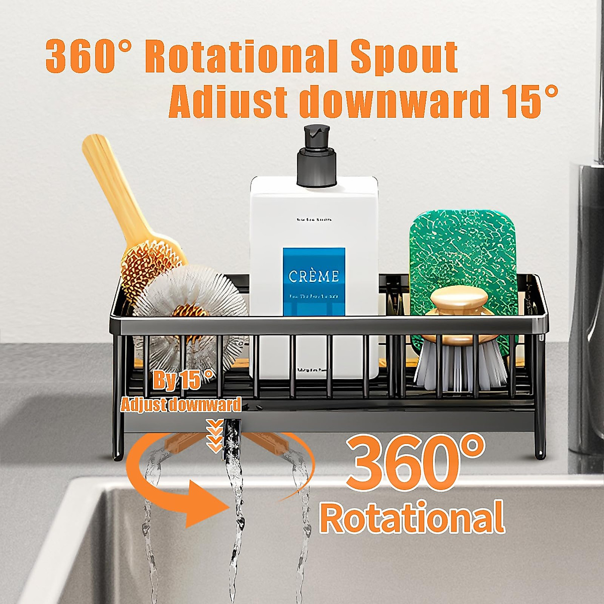 Hovadova Kitchen Sink Caddy Sponge Holder for Kitchen Sink Counter, Rustproof 304 Stainless Steel Dish Sponge Organizer with Removable Divider, Soap Brush Holder Kitchen Sink Accessories, Black