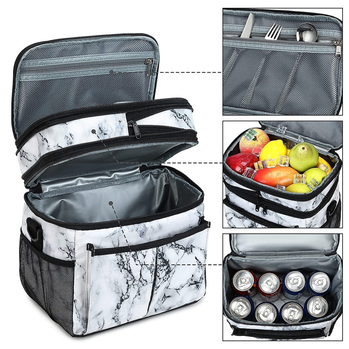 Large Insulated Lunch Bag Women Men Dual Compartment Reusable Lunch Box Soft Portable Leakproof Cooler Bag with Removable Adjustable Shoulder Strap (Marble)