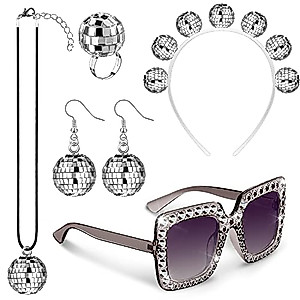 5 Pcs 1970s Disco Accessories Women Costume Disco Set Disco Ball Earrings Headband Ring and Sunglasses and Other Accessories (Stylish Style)